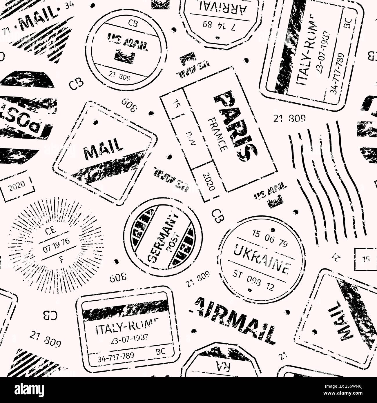 Stamp pattern. Postal templates travelling symbols round and square ...