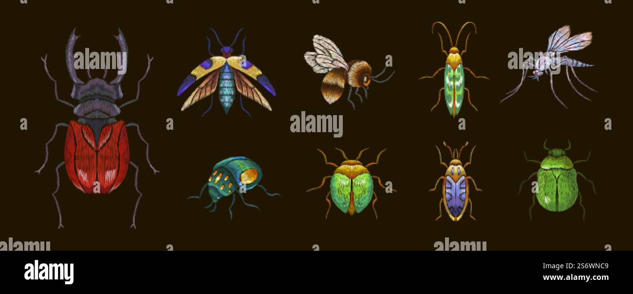 Embroidery insects. Bee, insect stitch patch. Flying bug and butterfly ...