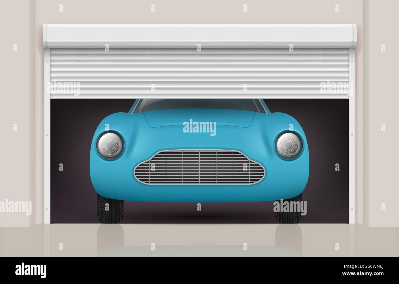 Car in garage. Roller doors at parking gates front view automobile ...