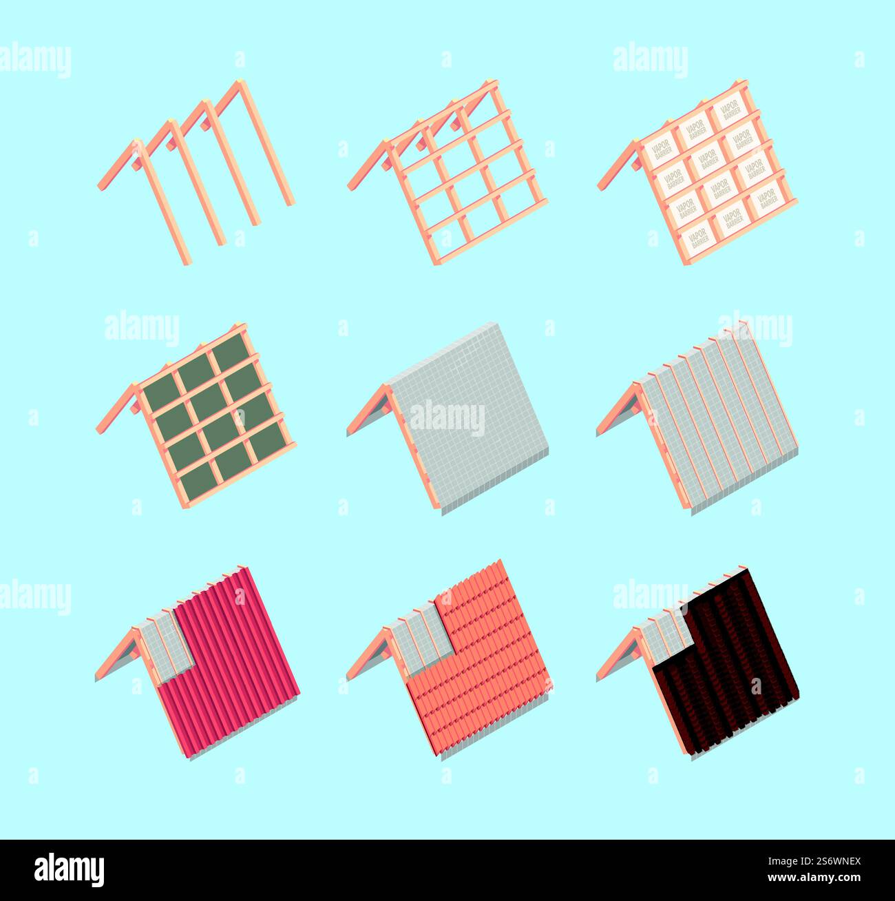 Roofing. Isometric building stages construction material flexible tiles ...
