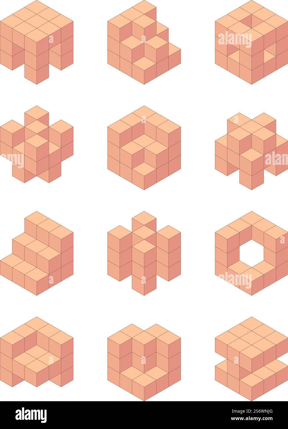 Wooden cubes. Isometric blocks for game kids square toys garish vector geometrical constructor ...