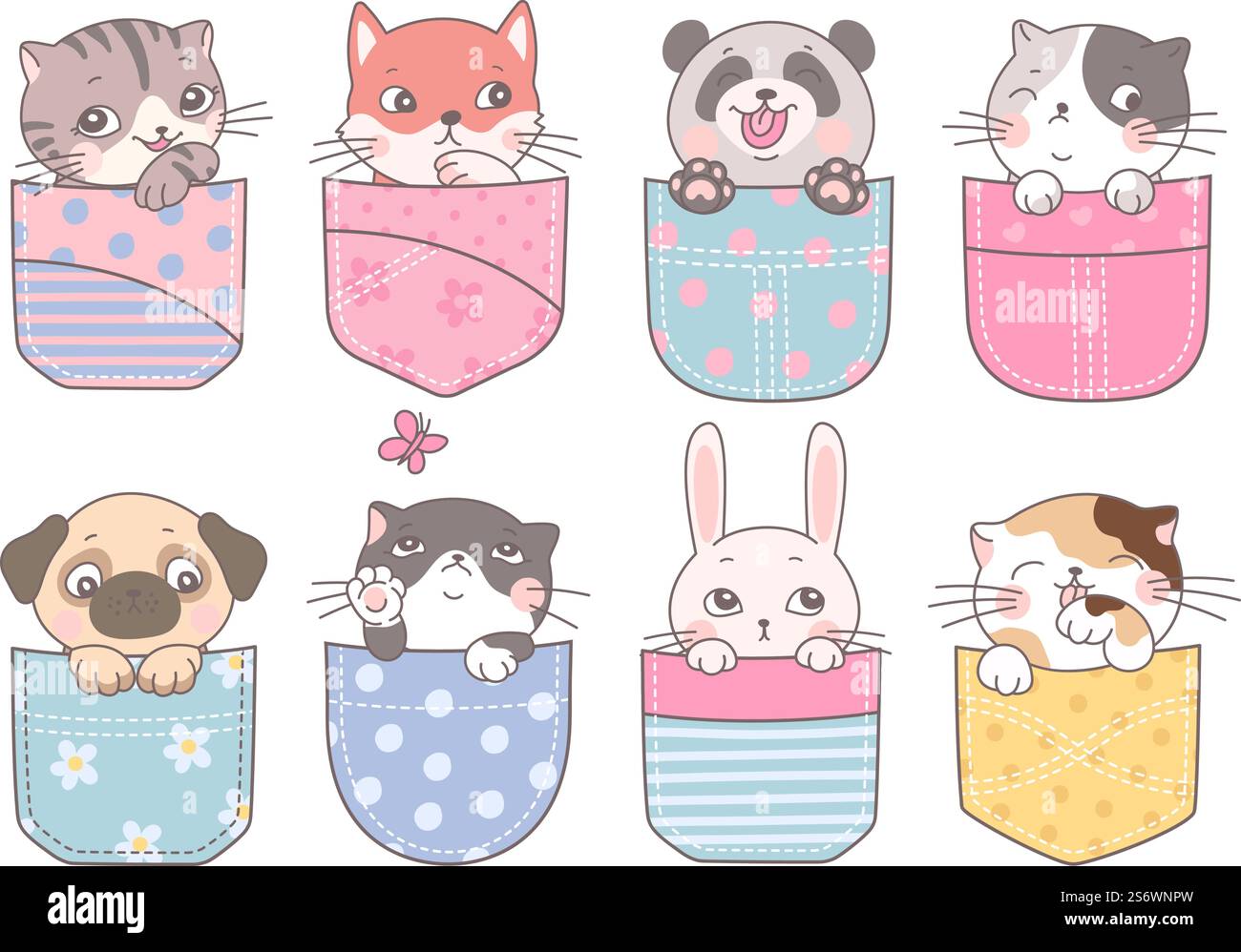 Cute pocket animal. Cartoon pockets kitten, dog and bunny. Happy ...