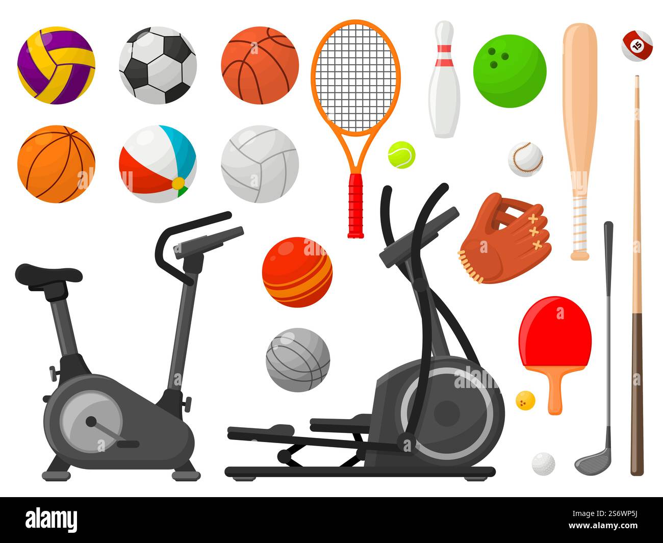 Cartoon sport equipment. Ball collection, flat balls and racket, golf ...