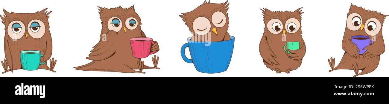 Sleeping owls hold coffee cups. Owl dreaming, sketch tired wild birds ...
