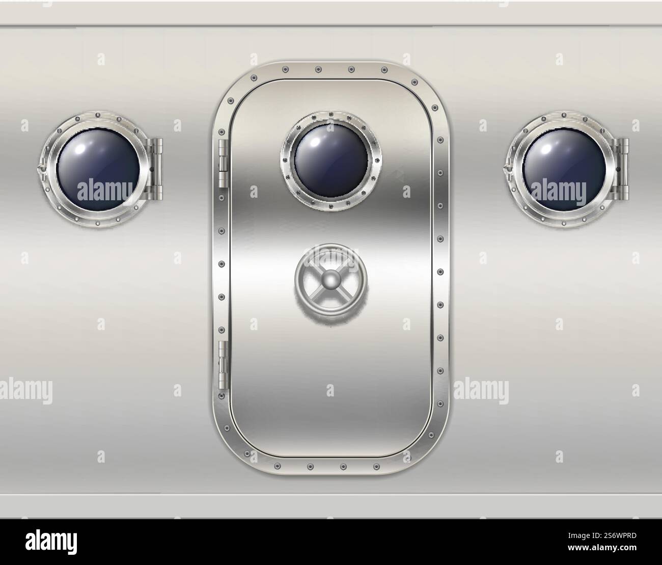 Submarine doors. Realistic spaceship interior steel walls with round ...