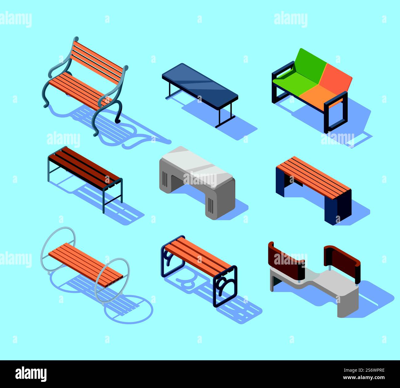 Isometric benches. Urban outdoor modern city furniture comfort wooden ...