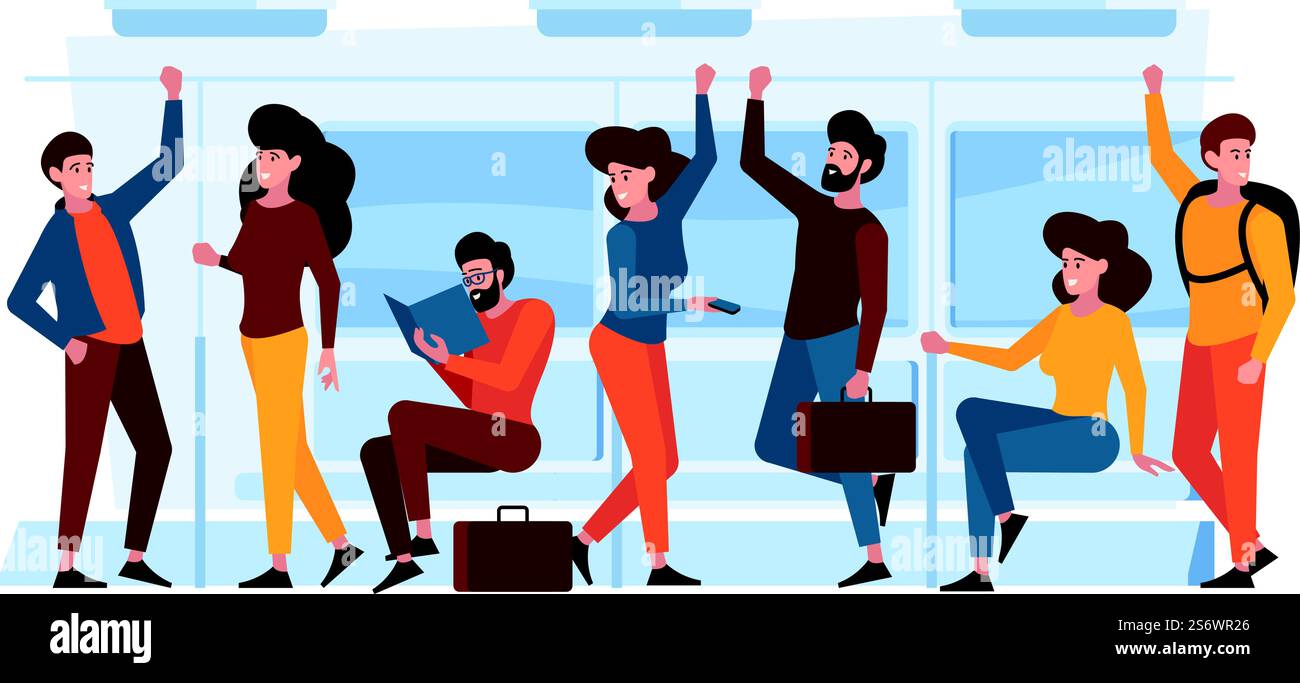 Bus interior. Crowd standing in bus and stand holding grip garish ...