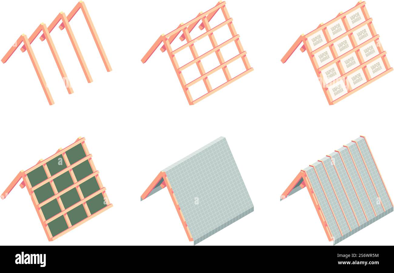 Roofing construction. Building stages various materials for roofing ...