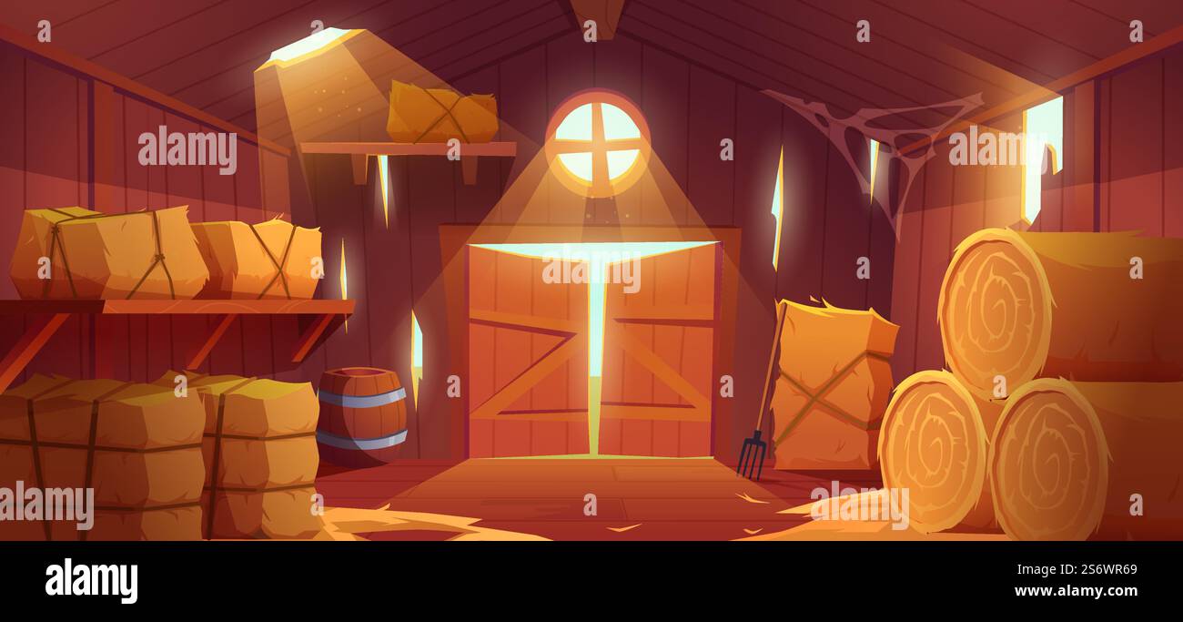 Barn interior. Rural countryside wooden building with pack of square ...
