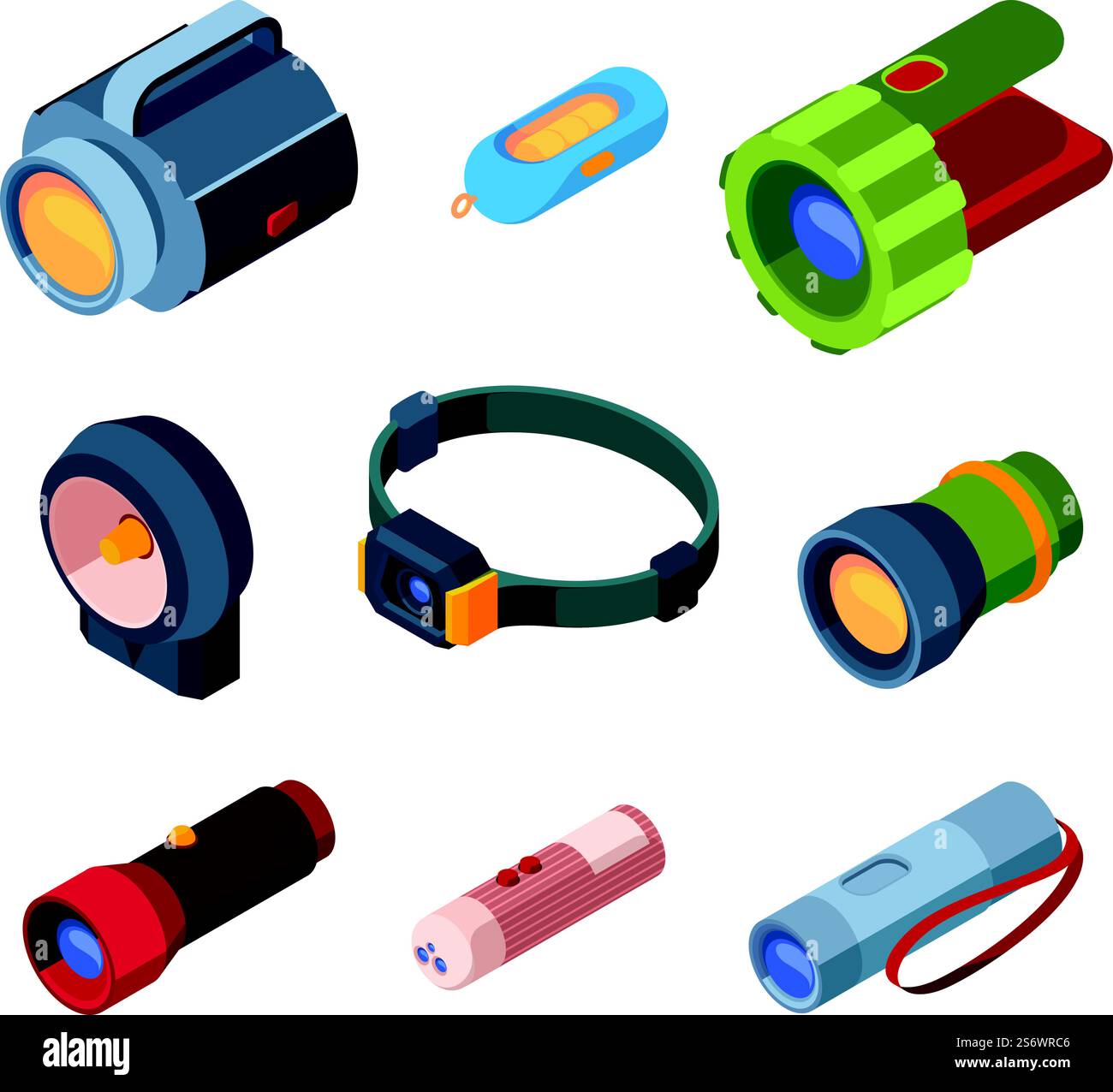 Electric lantern. Isometric flashlight beams in night search electric ...