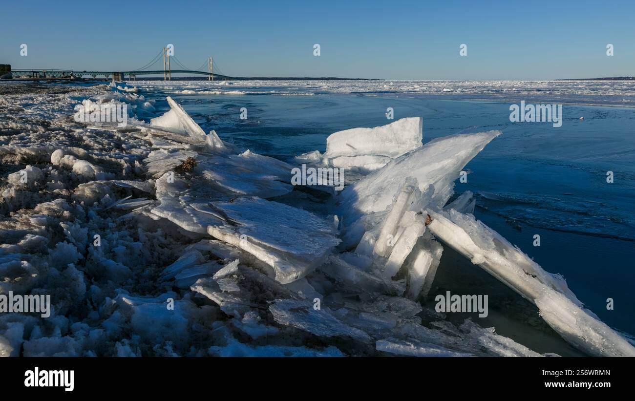 Ice plates and floating ice on lake Huron near Michigan shore line near ...