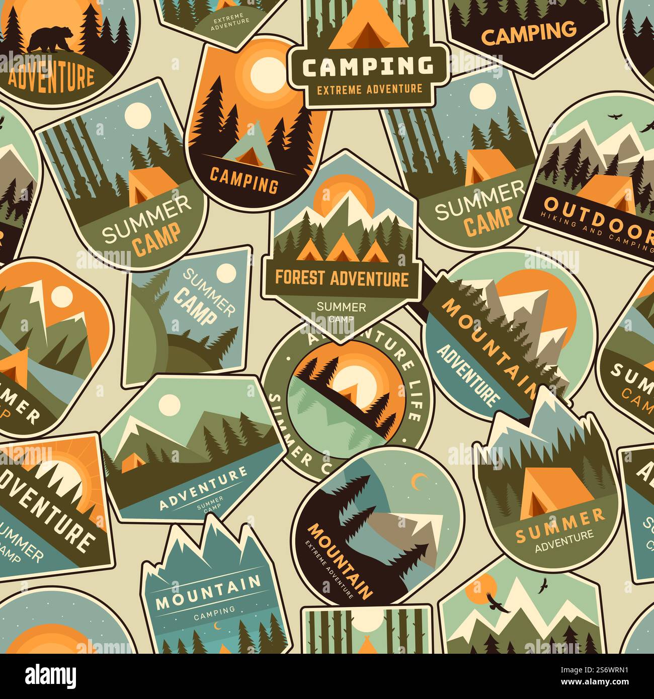 Camp badges pattern. Exploring logo for scouts outdoor adventure forest ...
