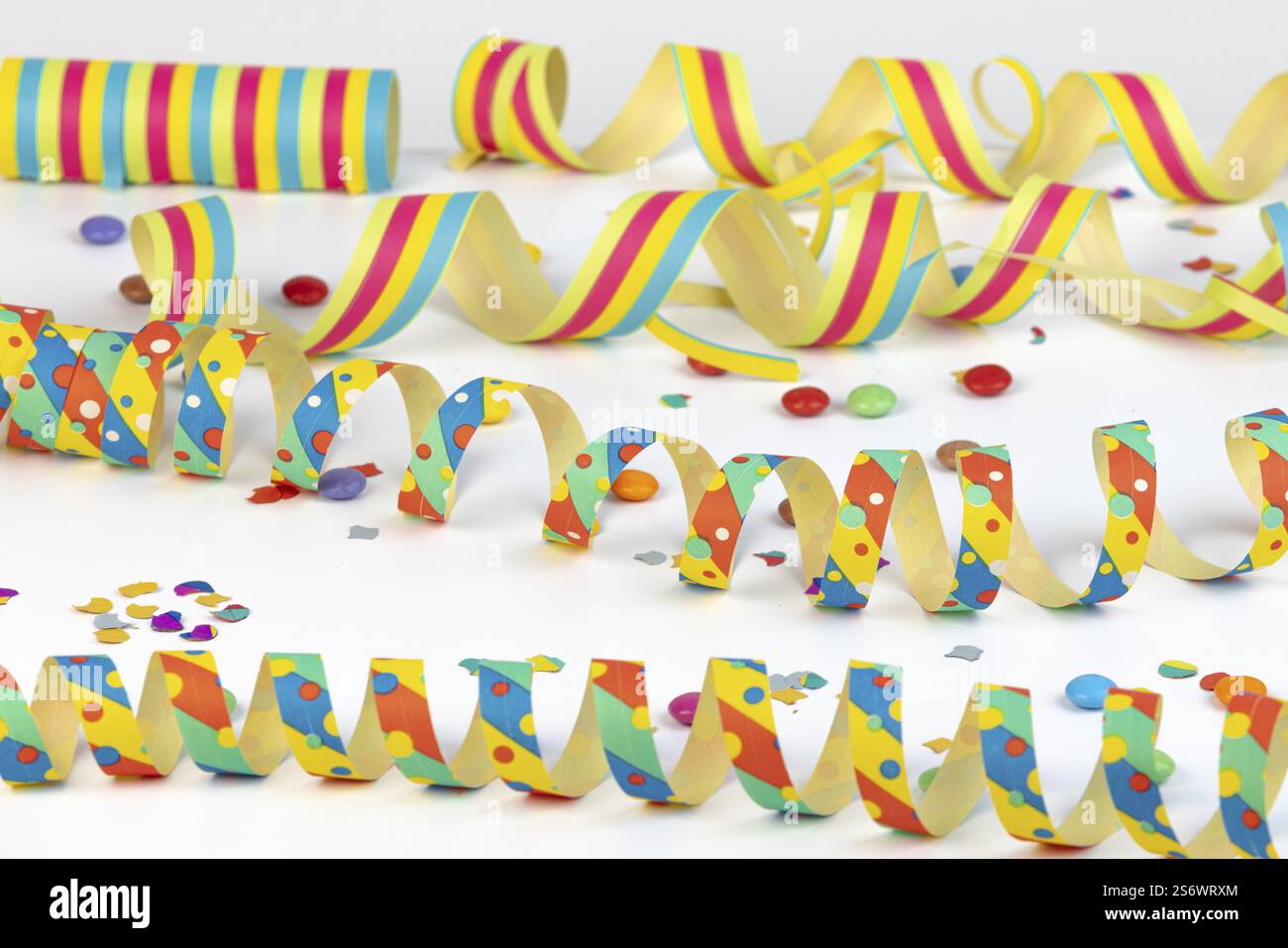 Colourful streamers and confetti on a white background, carnival Stock ...