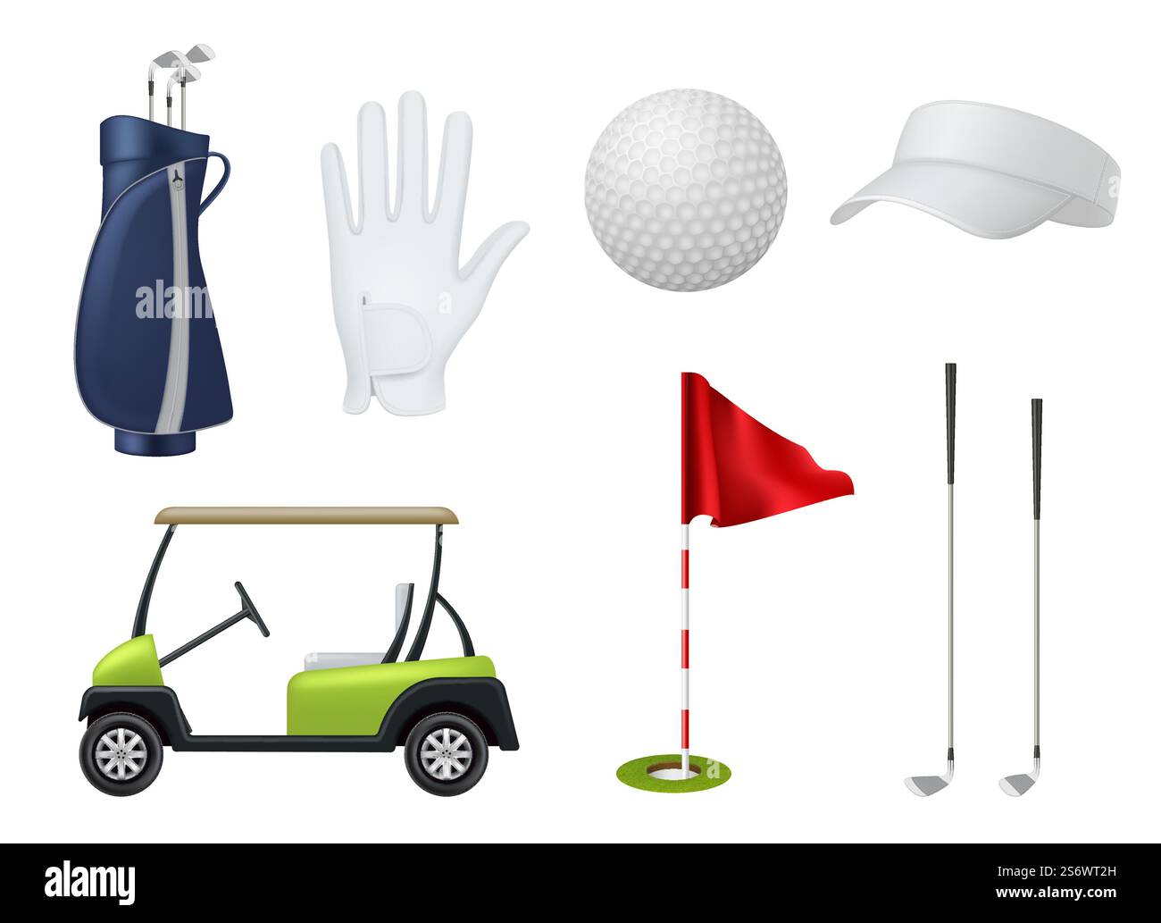 Golf equipment. Car white balls golf stick point flags grass sport bag decent vector ...