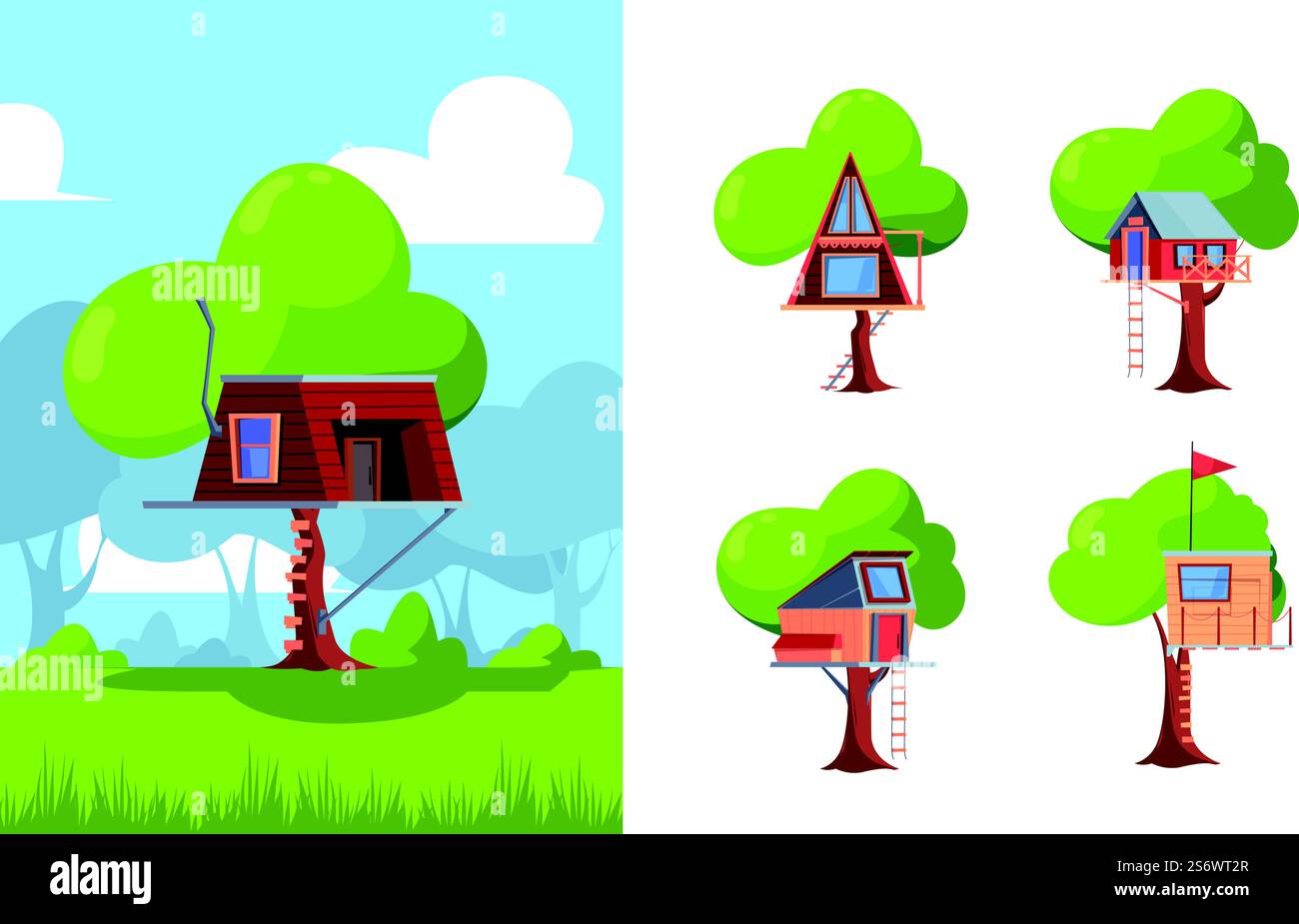 House on tree. Kids playground on big tree green plants wooden ...