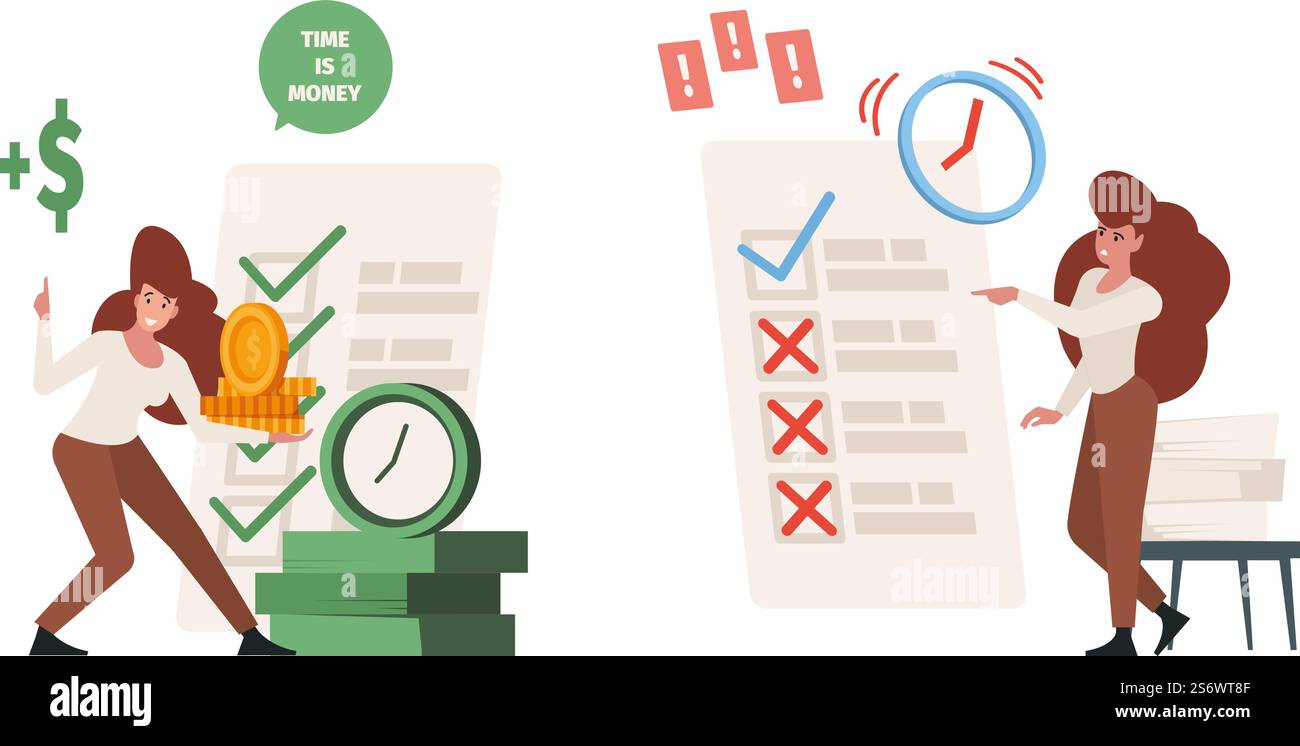 Time management concept. Deadline and successful work. Office women ...