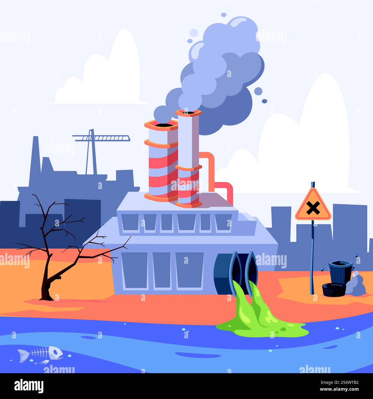 City pollution. Toxic urban waste liquid garbage landscape garish ...