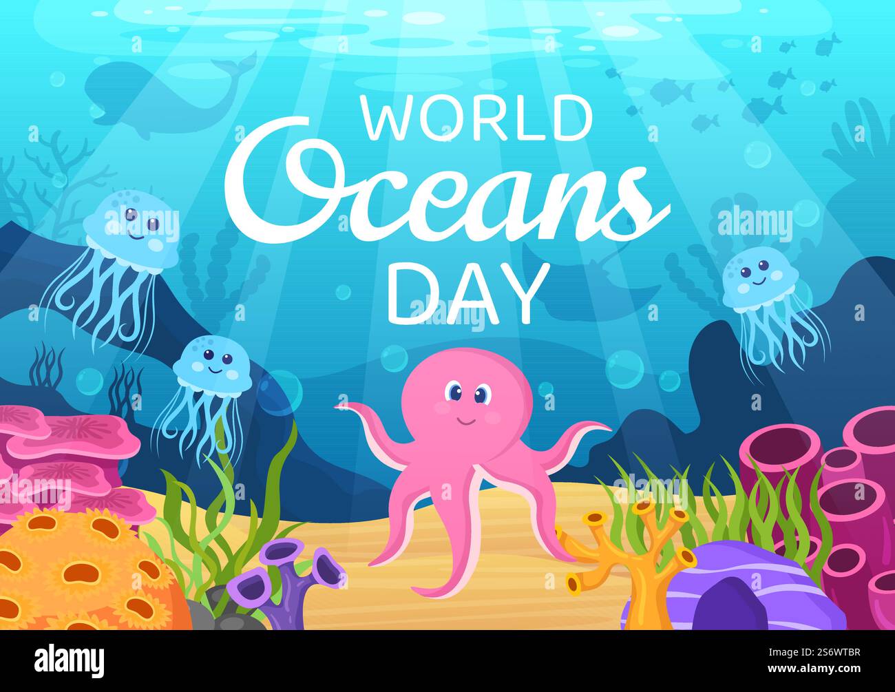 World Ocean Day Cartoon Illustration with Underwater Scenery, Various ...