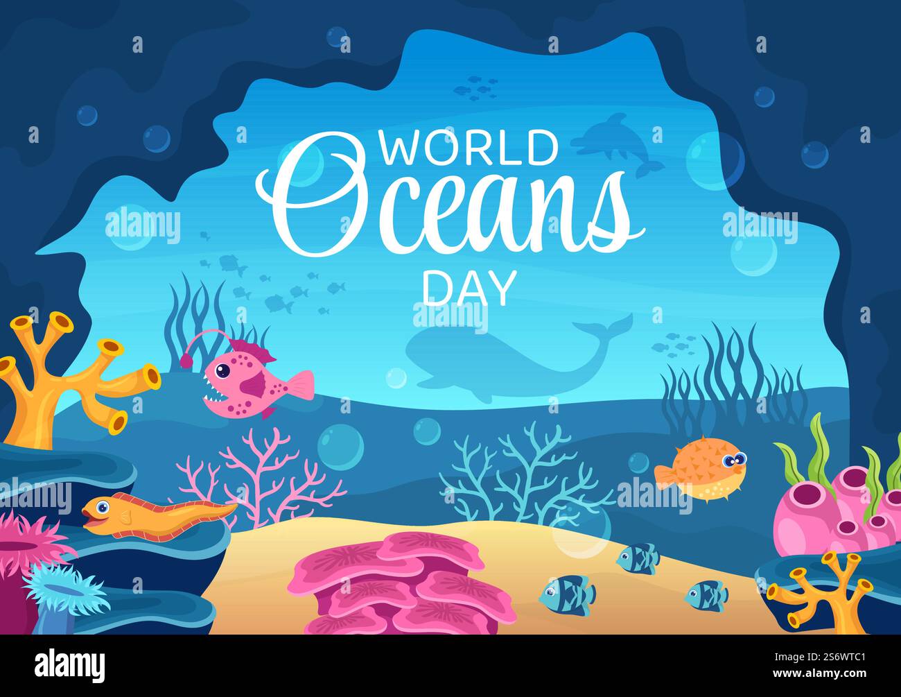 World Ocean Day Cartoon Illustration with Underwater Scenery, Various ...