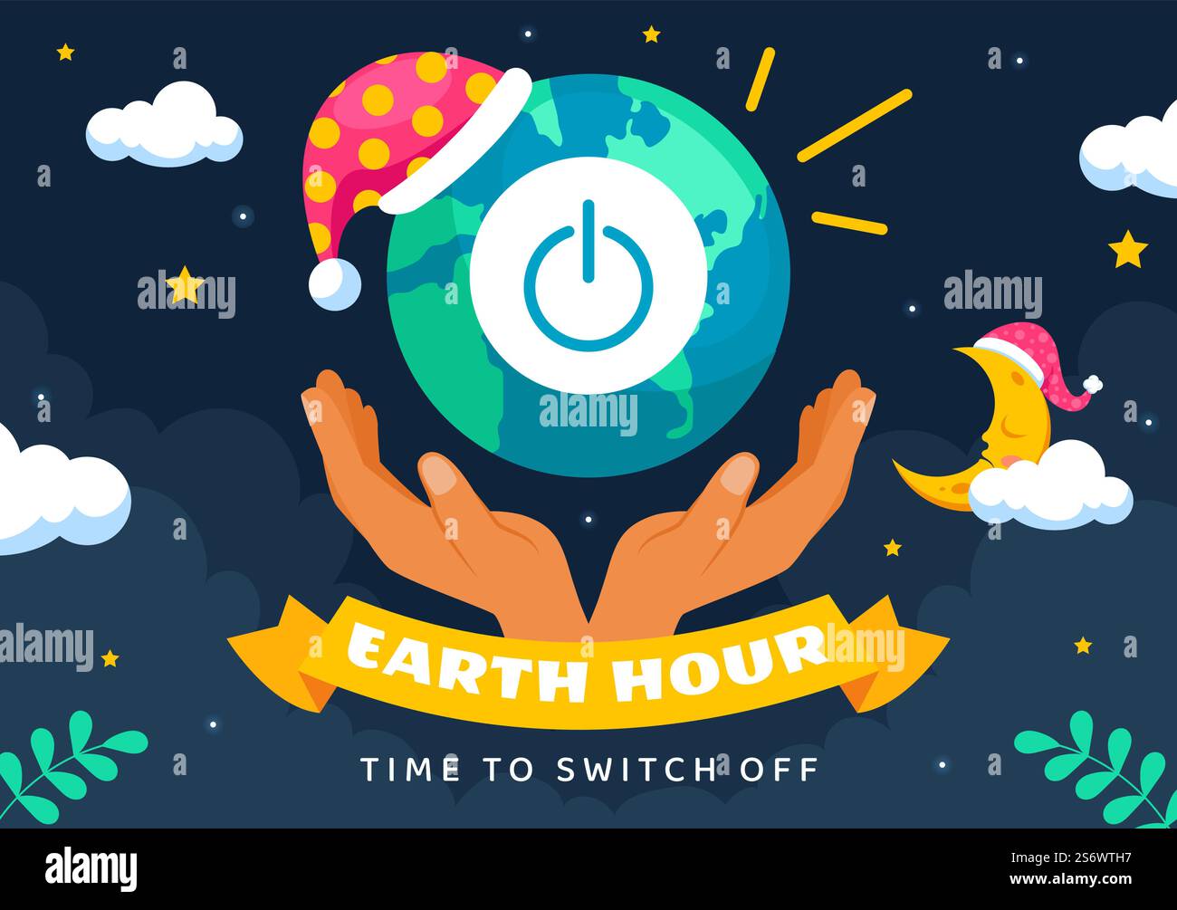 Happy Earth Hour Day Vector Illustration Featuring a Cloud, Light Bulb ...