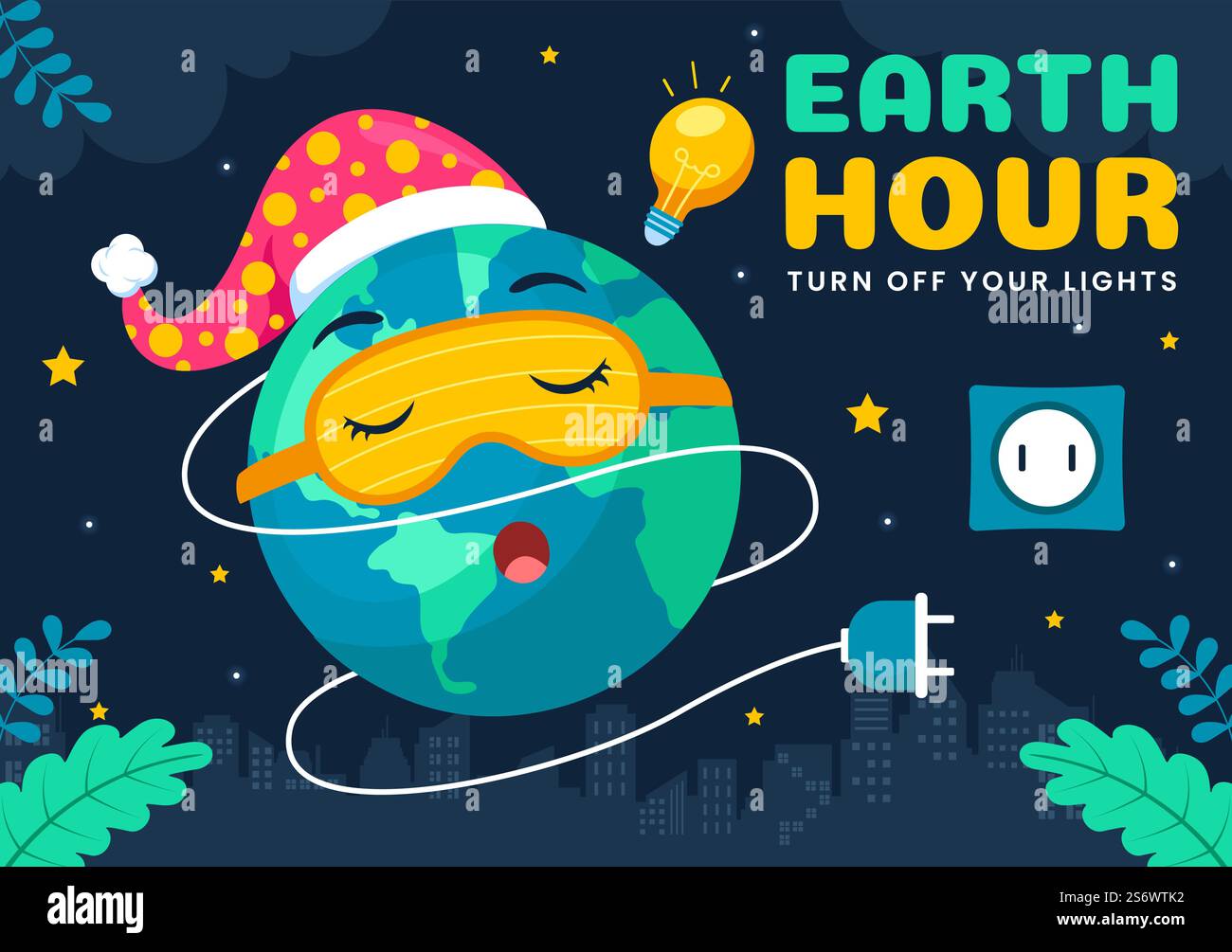Happy Earth Hour Day Vector Illustration Featuring a Cloud, Light Bulb ...