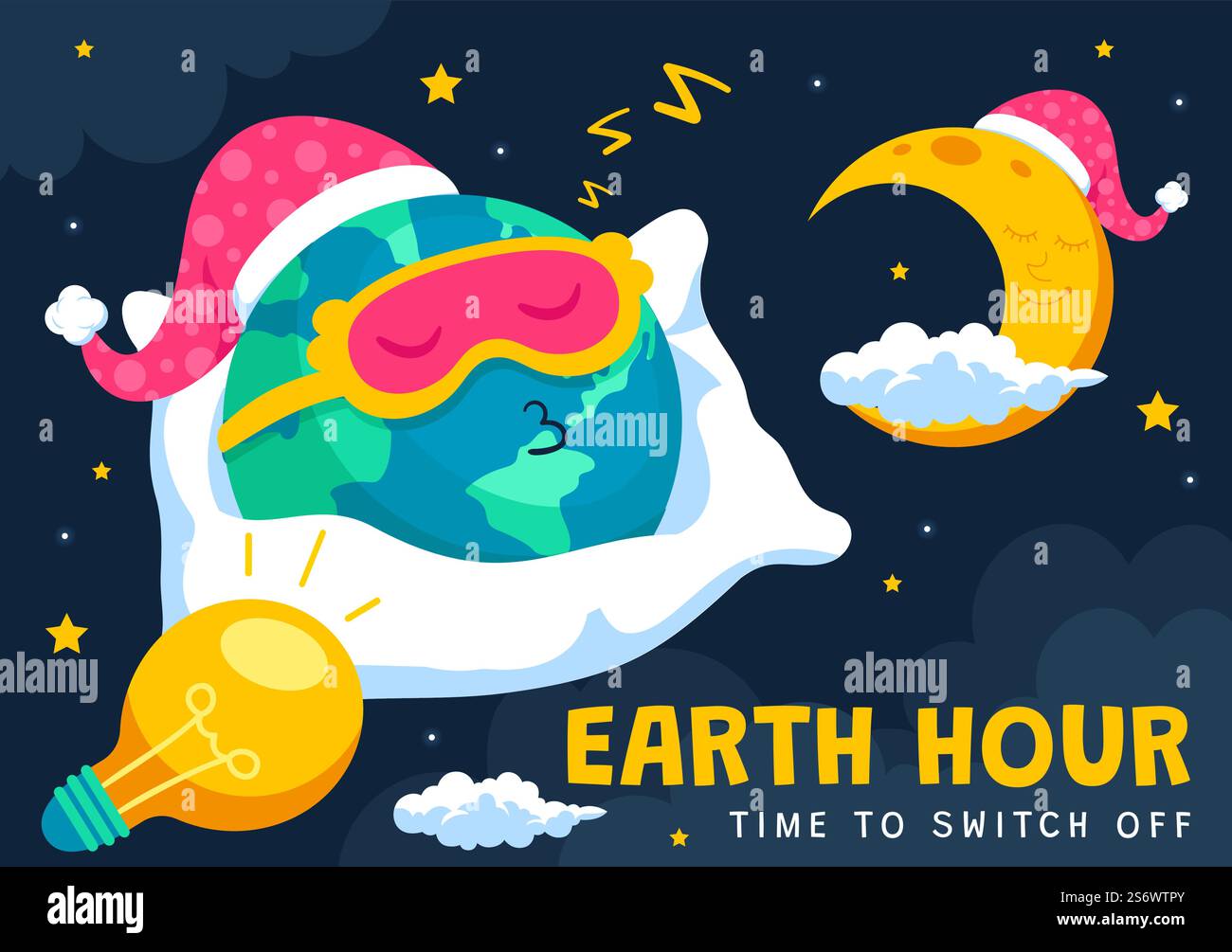 Happy Earth Hour Day Vector Illustration Featuring a Cloud, Light Bulb ...