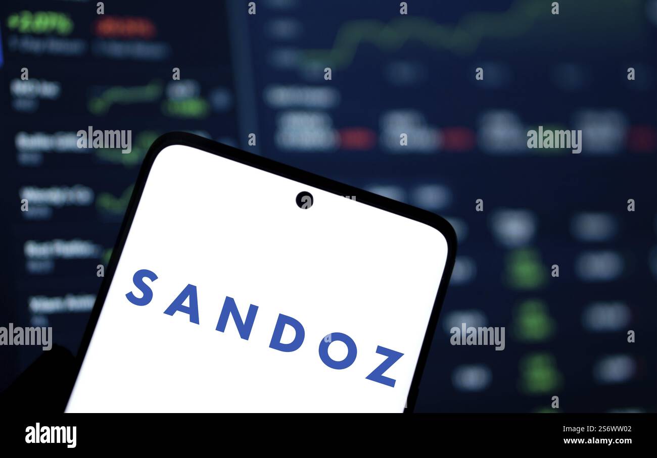 Sandoz logo is displayed on smartphone. Sandoz Group AG is a Swiss ...
