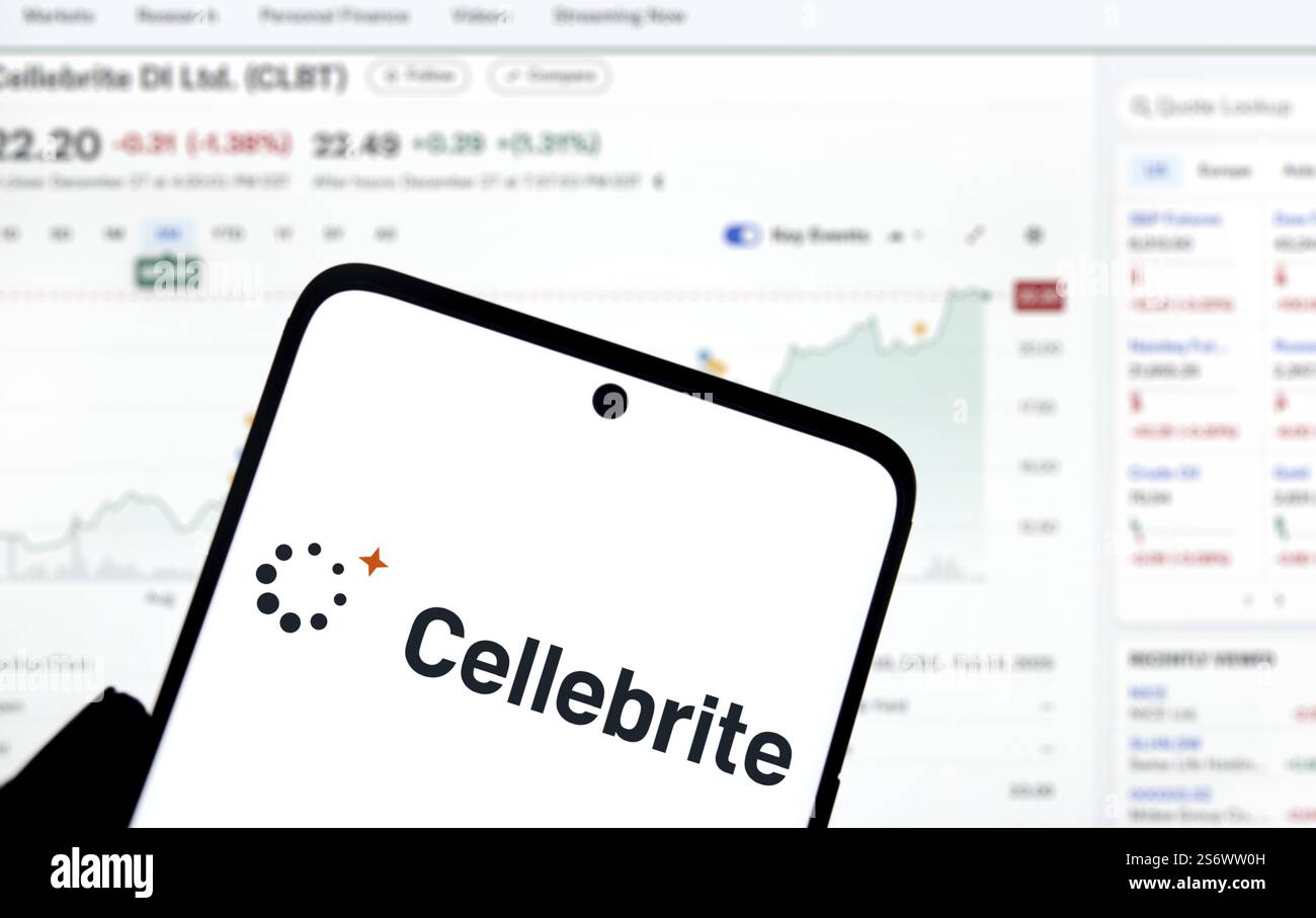 Cellebrite logo is displayed on smartphone. Cellebrite DI Ltd is a digital intelligence company ...