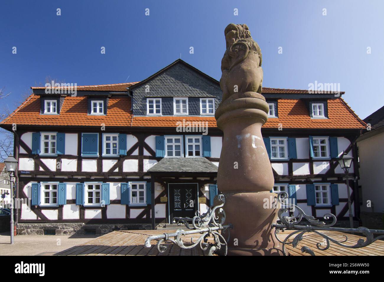 Germany, Hesse, Vogelsberg, Gruenberg, Brewery with lion fountain on ...