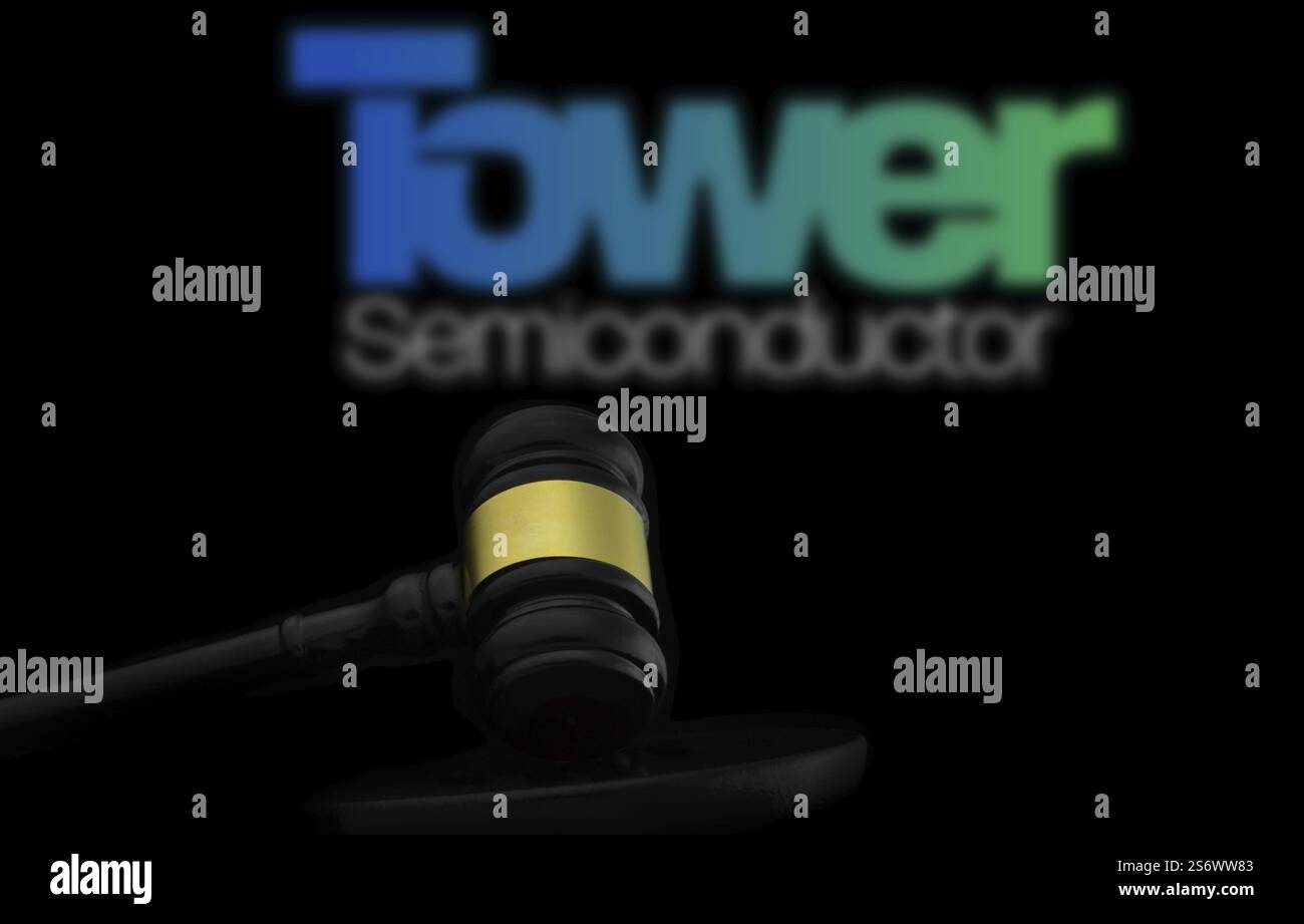 Court gavel in front of the Tower semiconductor logo. Tower ...