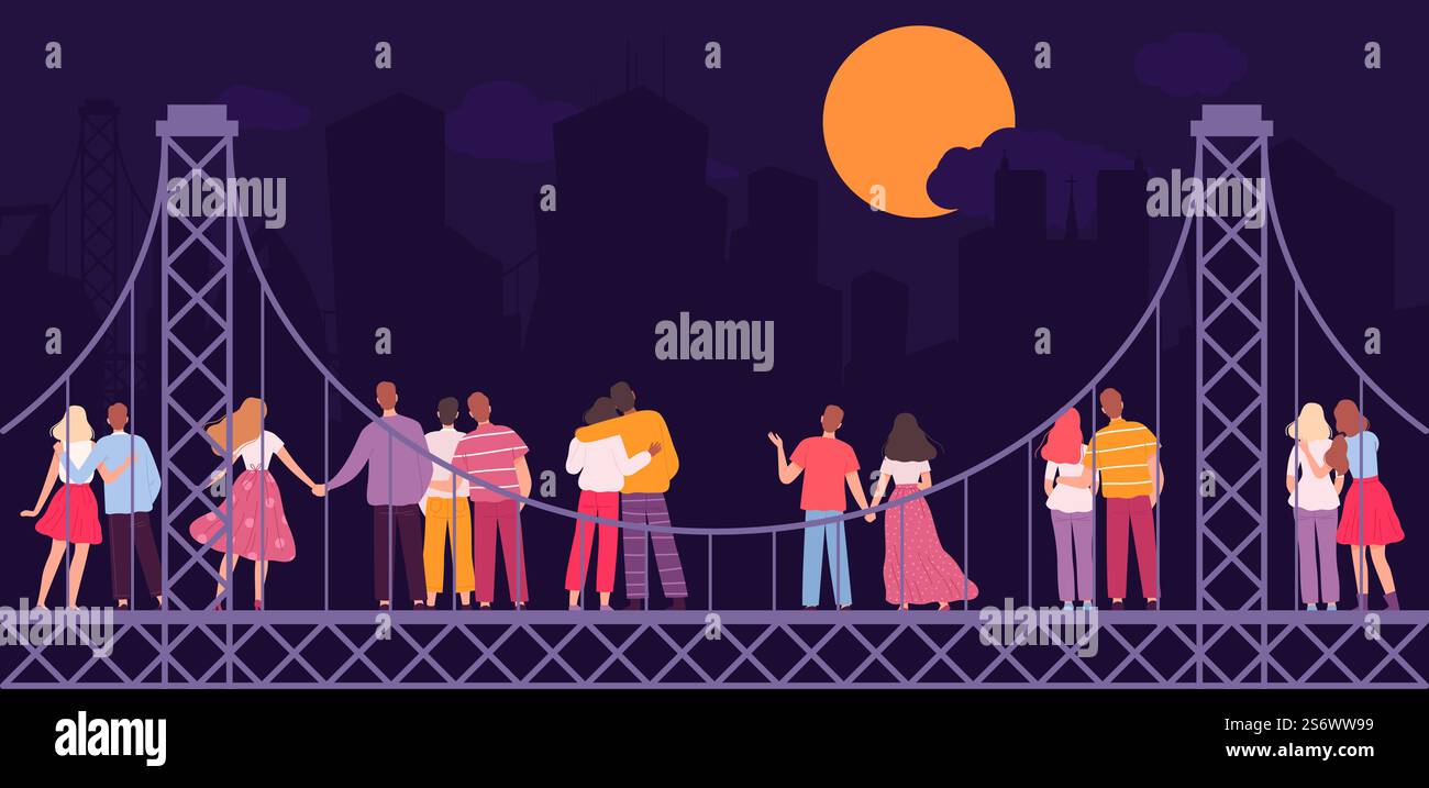 People look at full moon. Couples stand on bridge at night, evening ...