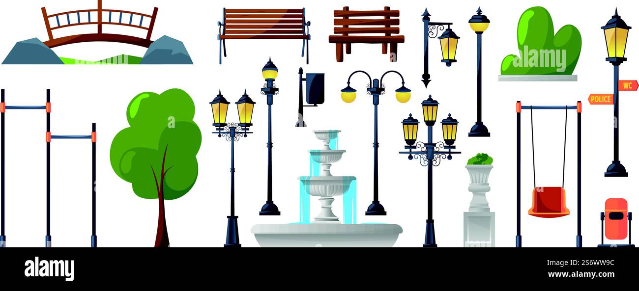 Urban park elements. Benches bushes fountain and furniture for outdoor ...