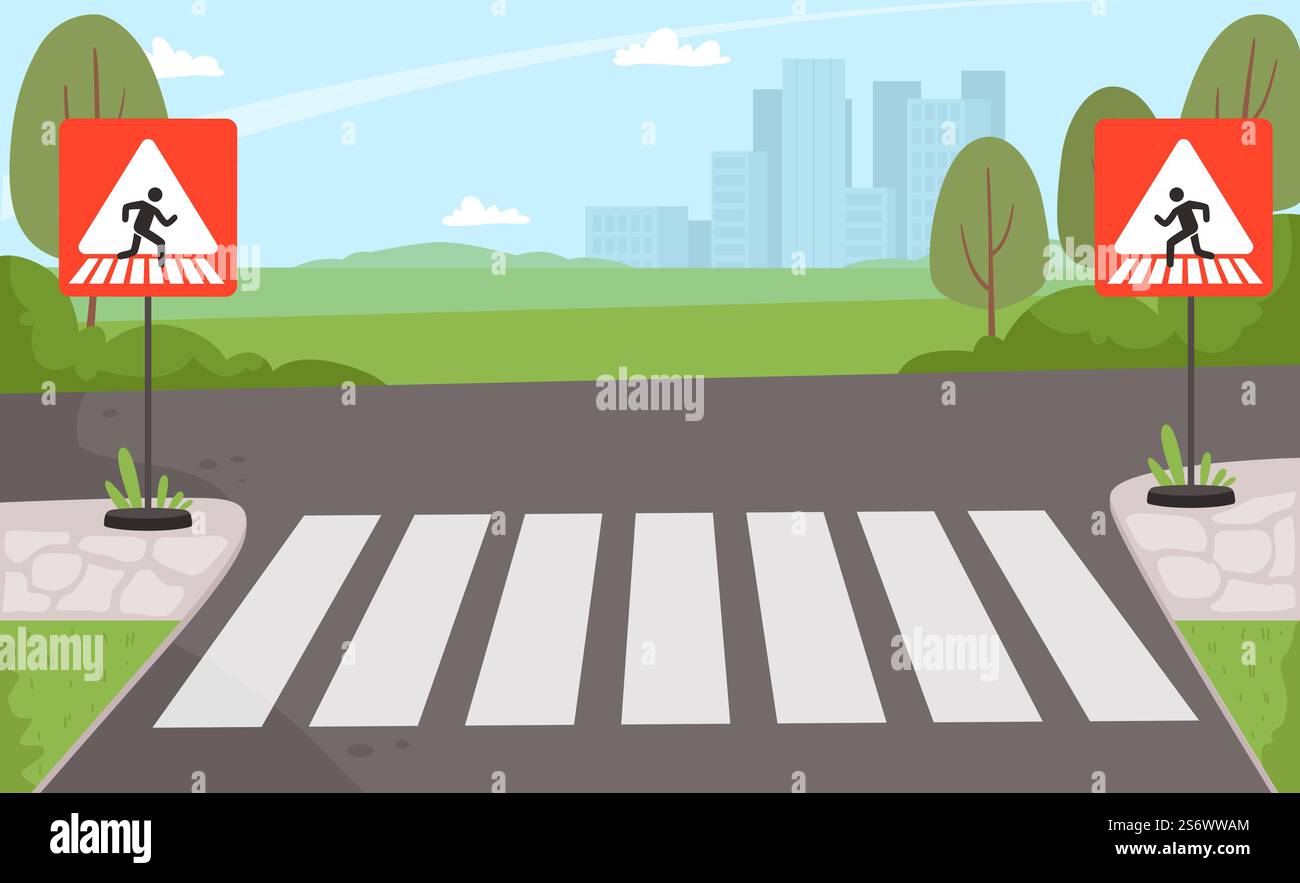 Crosswalk sign at street. Stop signs for cars, place for people walk ...