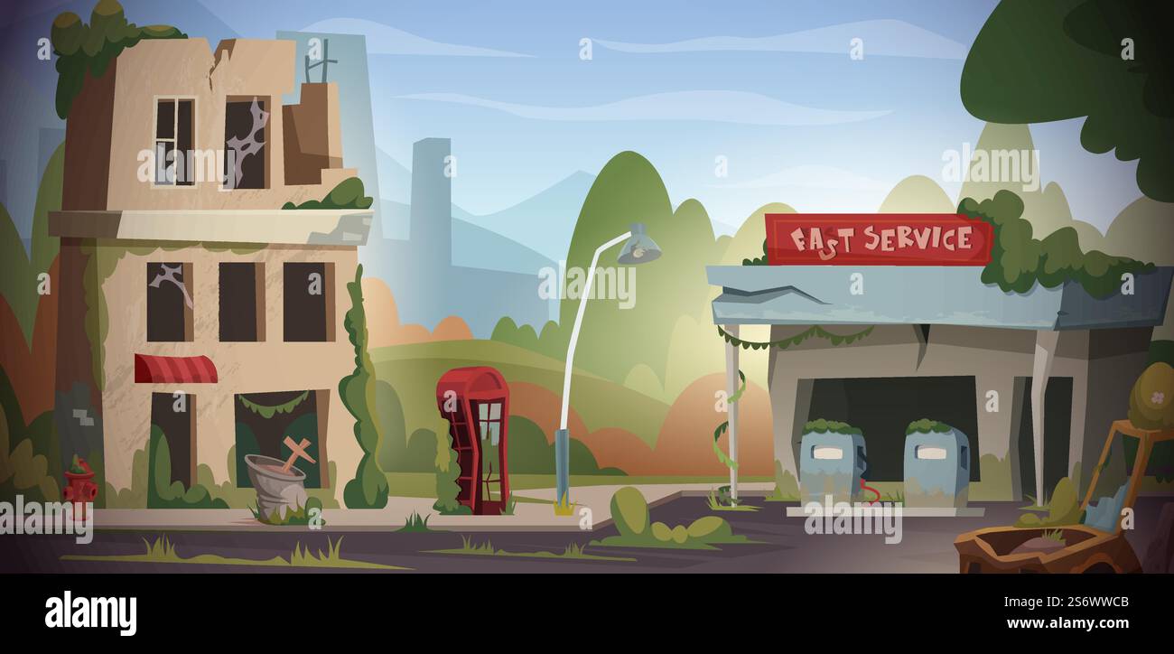 Apocalypse background. War damaged city destructive urban ruins after ...