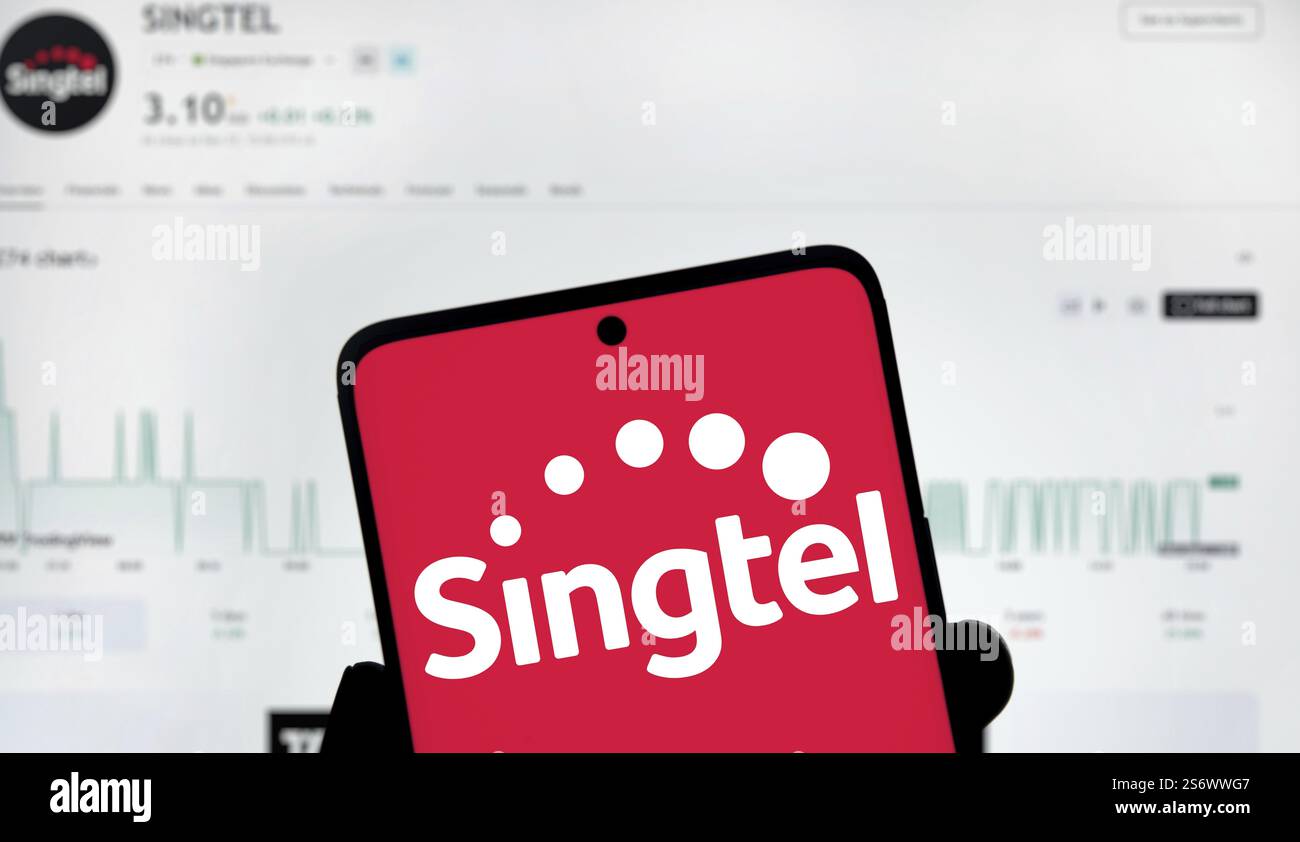 Singtel logo is displayed on smartphone. Singtel is a Singaporean ...