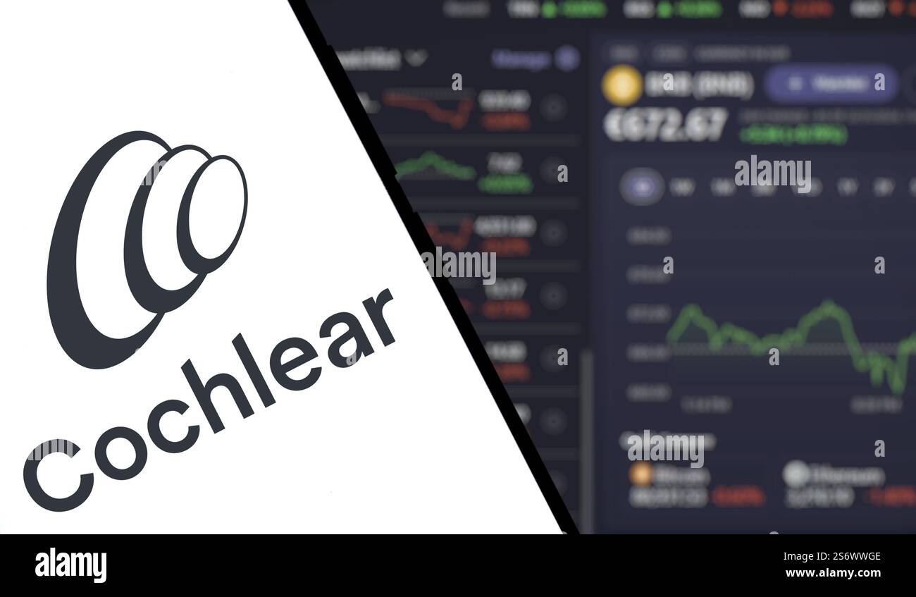 Cochlear logo is displayed on smartphone. Cochlear is a leading medical ...