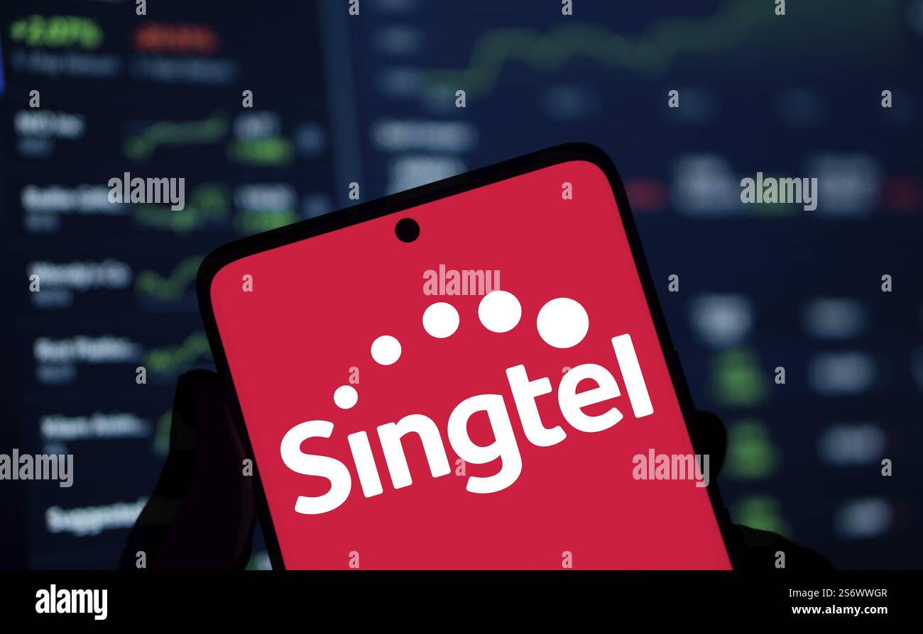 Singtel logo is displayed on smartphone. Singtel is a Singaporean ...