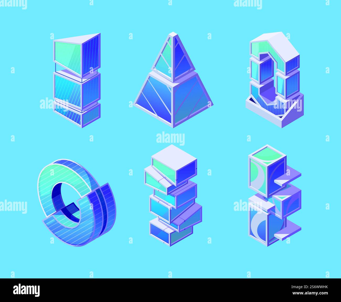Futuristic buildings. Isometric modern skyscrapers geometric fantasy ...