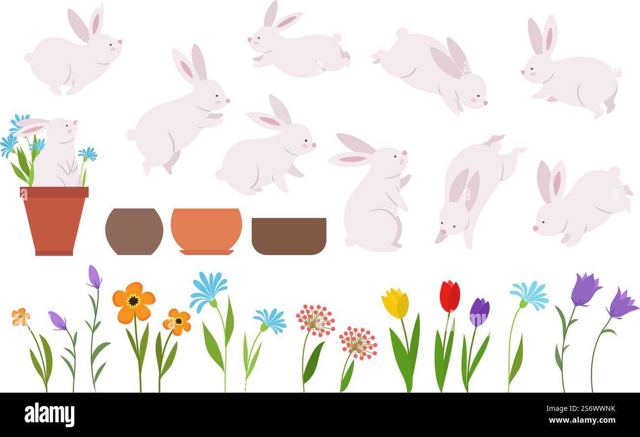 Bunnies with flowers. Cute bunny and wild flowers, tulip, daisy. Garden ...