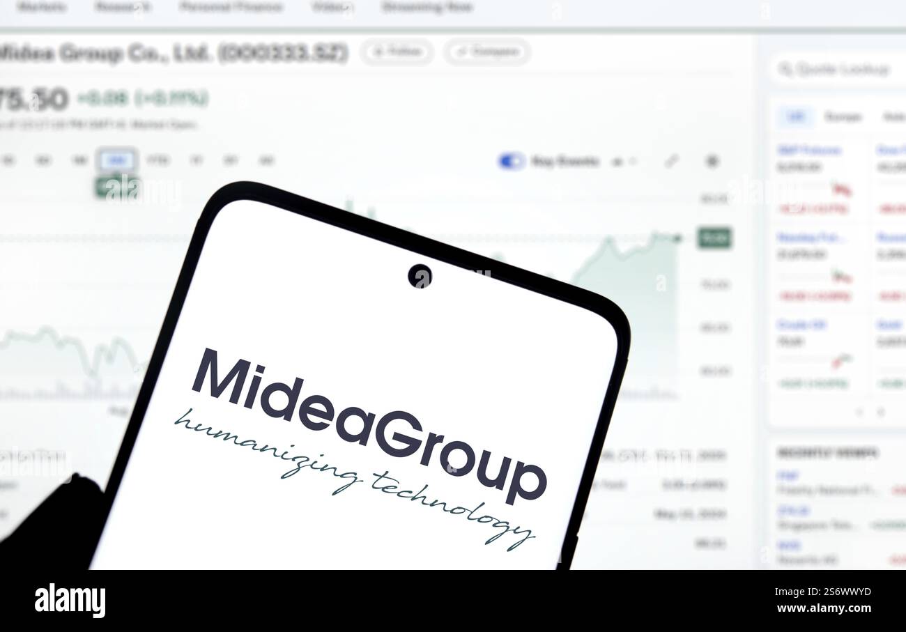 Midea group logo is displayed on smartphone. Midea Group is a Chinese ...