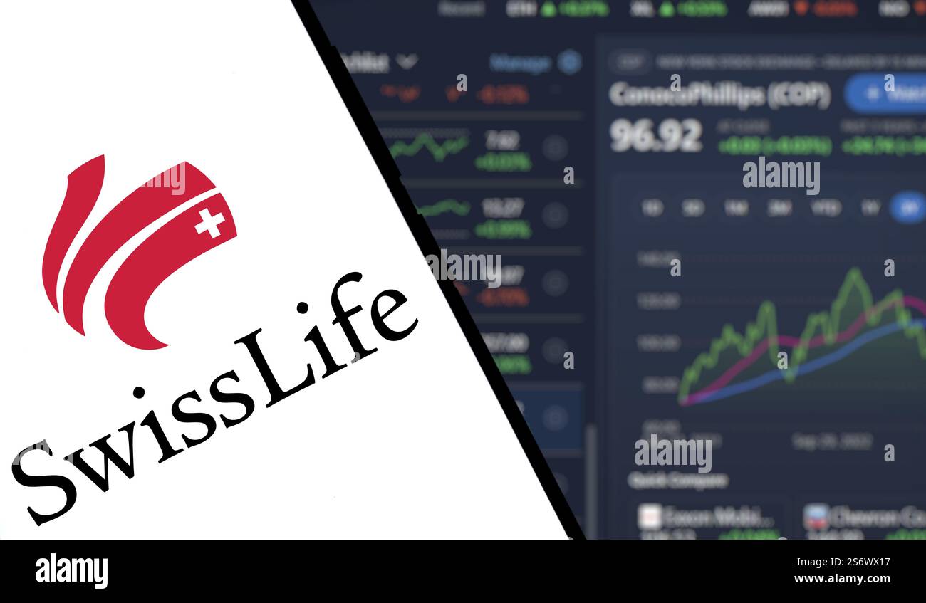Swiss life logo is displayed on smartphone. Swiss Life Group is the ...