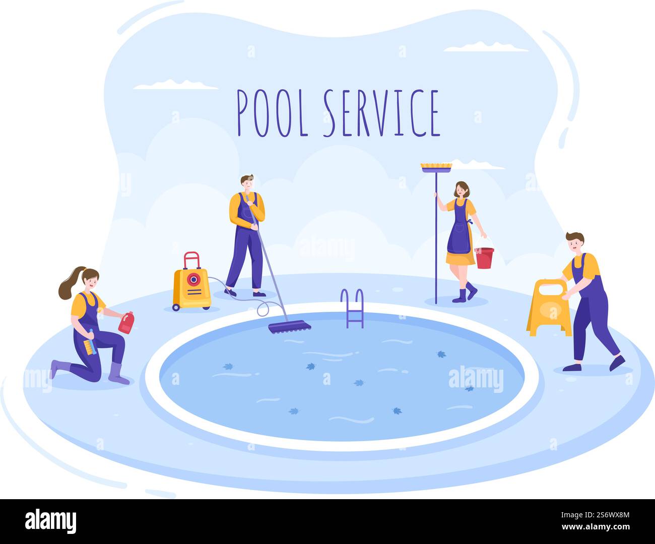 Swimming Pool Service Worker with Broom, Vacuum Cleaner or Net for ...