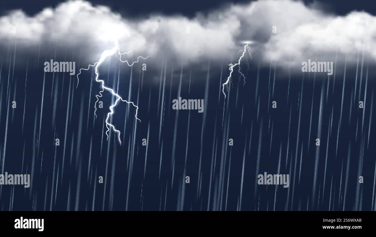 Autumn thunderstorm. Rain clouds and lightning. Realistic rainy, season ...