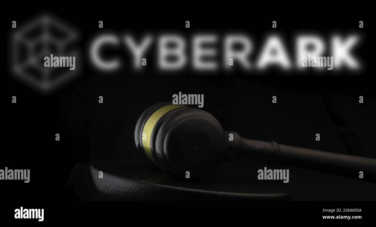 Court gavel in front of the Cyberark logo. CyberArk Software Ltd. is an ...