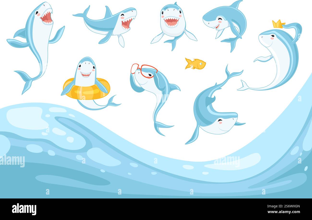 Cartoon shark. Cute fun sharks, ocean sea wave and wildlife. Underwater ...