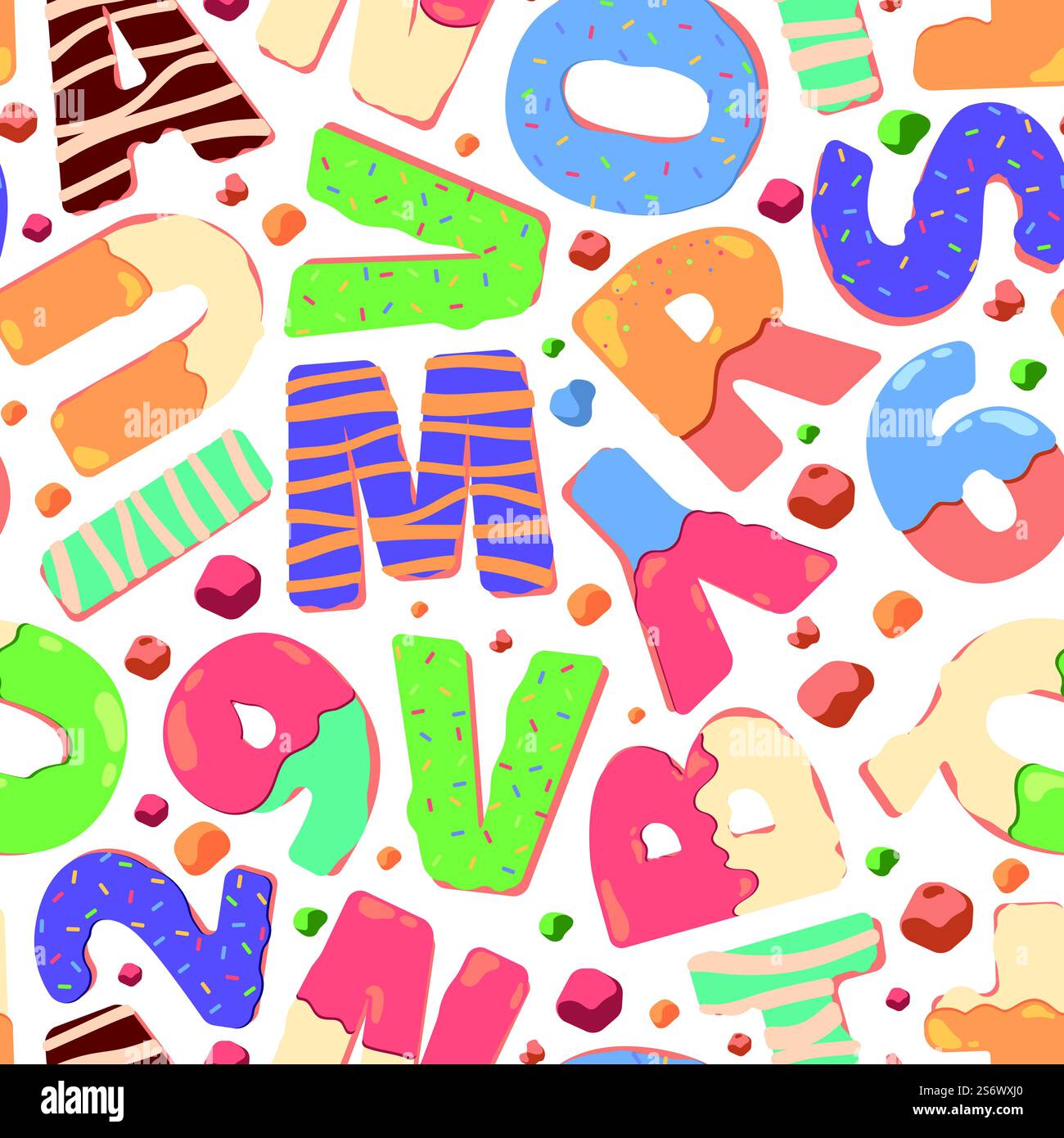 Alphabet pattern. Donuts cakes funny letters and numbers text symbols ...