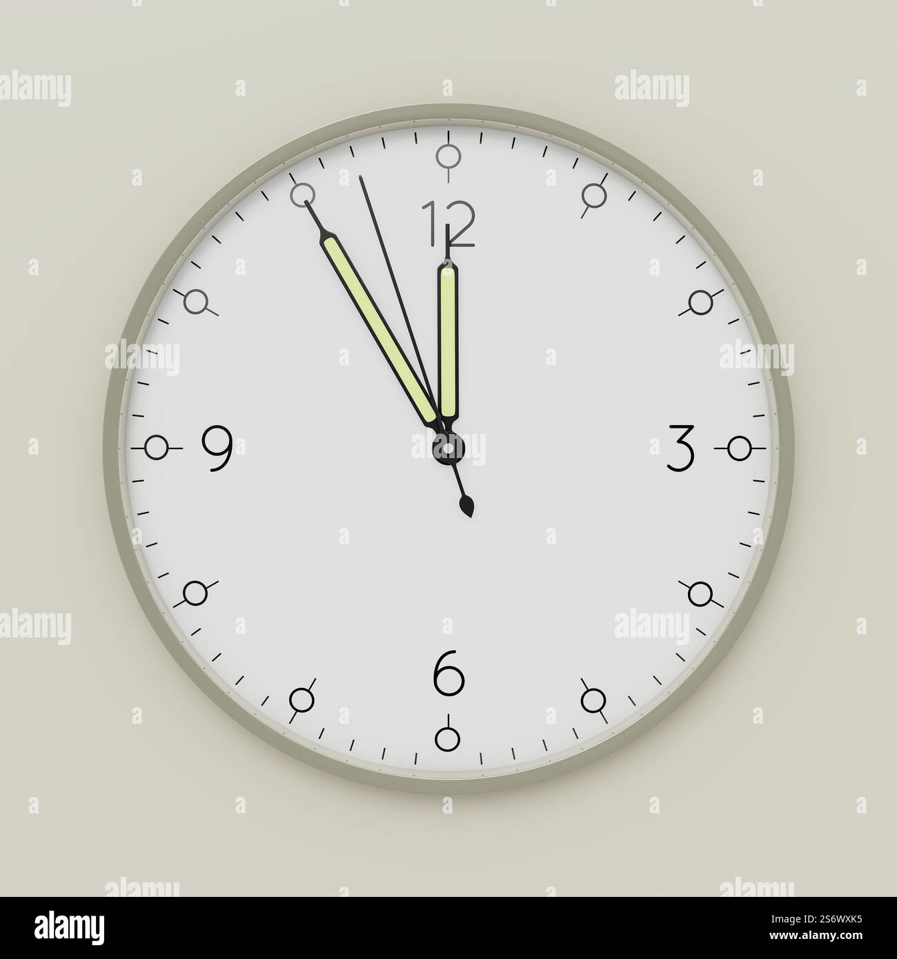 A clock shows five minutes to noon 3d illustration Stock Photo - Alamy