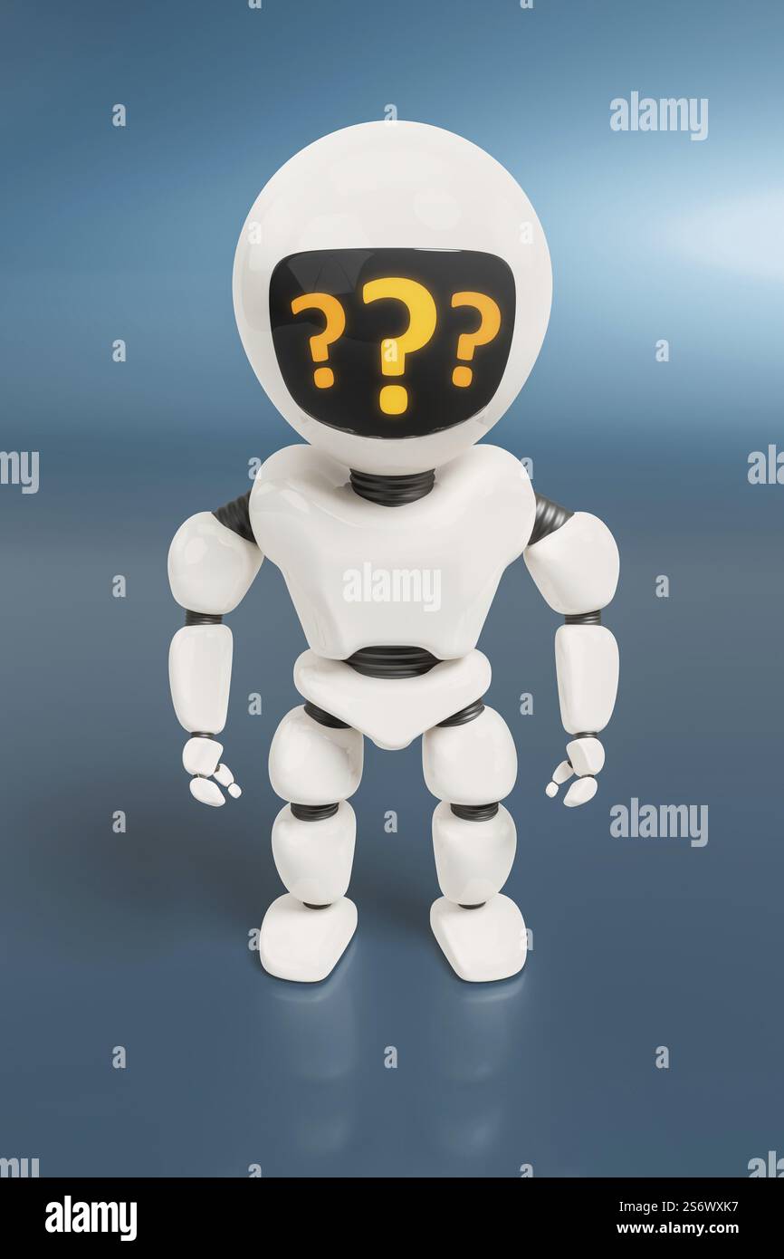 A sweet toy robot with question marks 3d illustration Stock Photo - Alamy