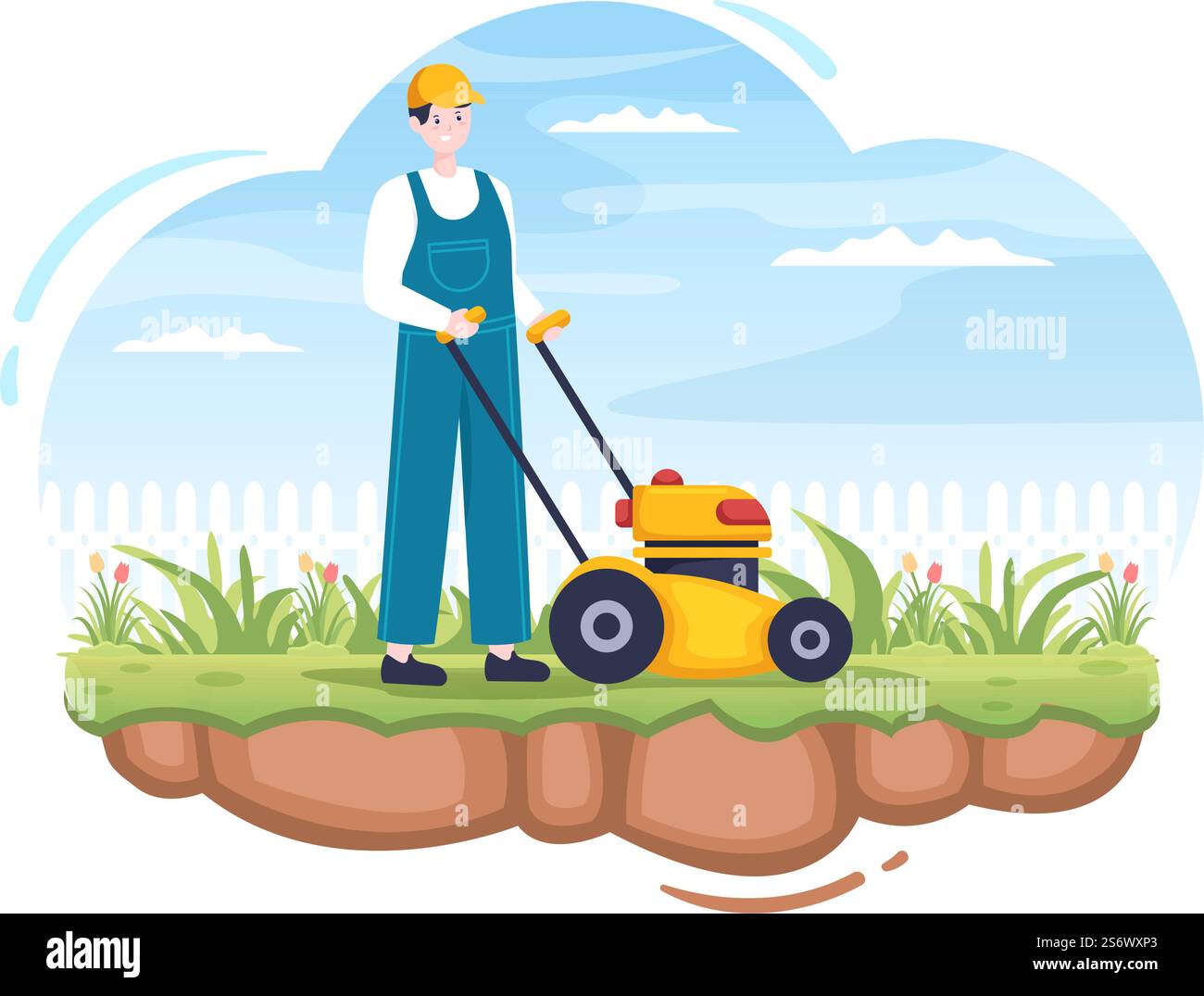 Lawn Mower Cutting Green Grass, Trimming and Care on Page or Garden in ...