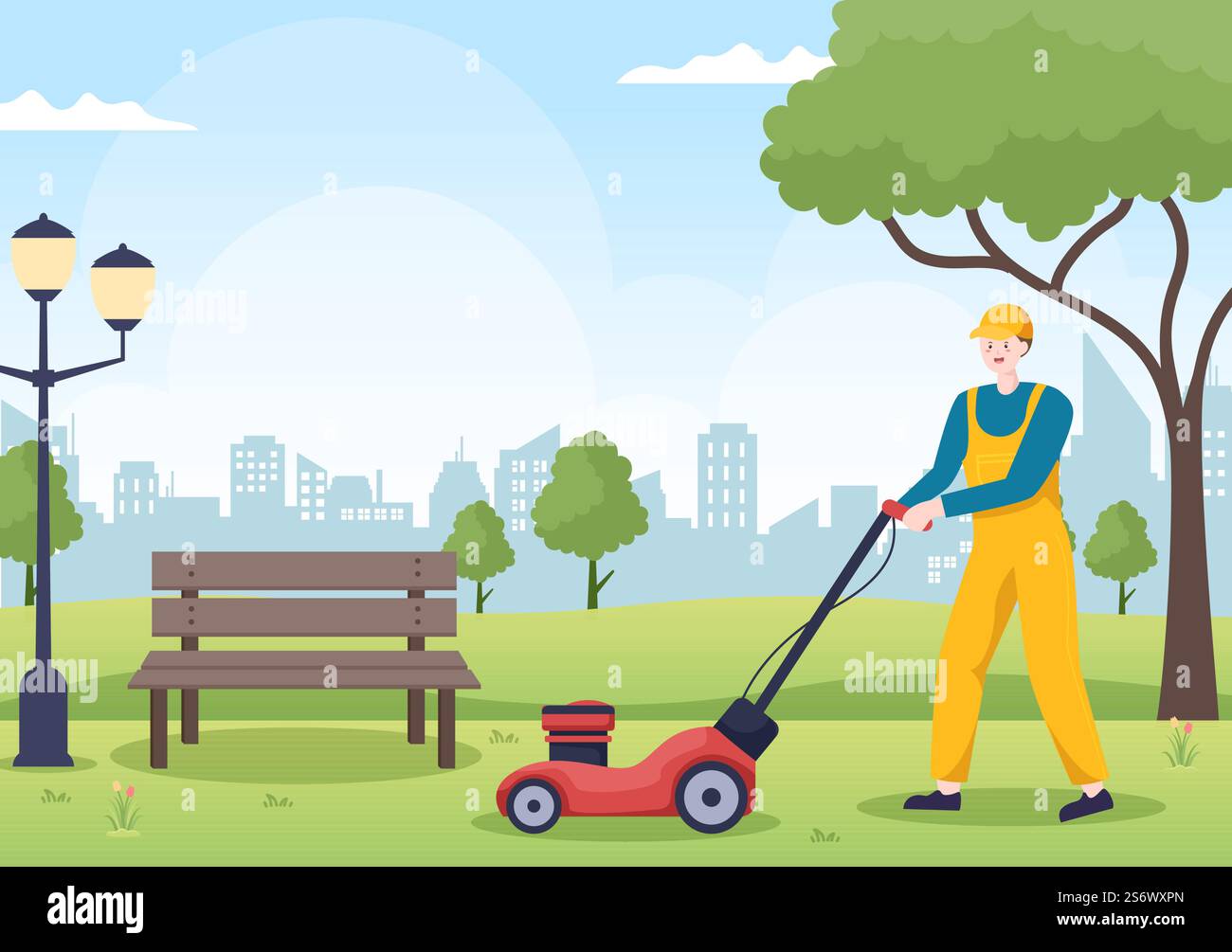 Lawn Mower Cutting Green Grass, Trimming and Care on Page or Garden in ...